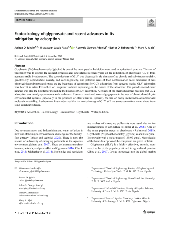 (PDF) Ecotoxicology of glyphosate and recent advances in its mitigation ...