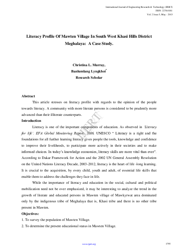 (PDF) Literacy Profile Of Mawten Village In South West Khasi Hills ...