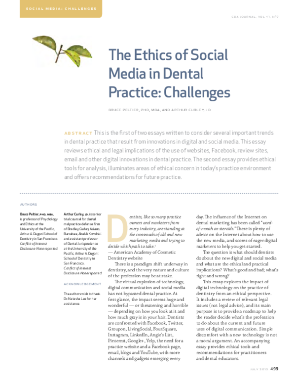 (PDF) The Ethics of Social Media in Dental Practice: Challenges