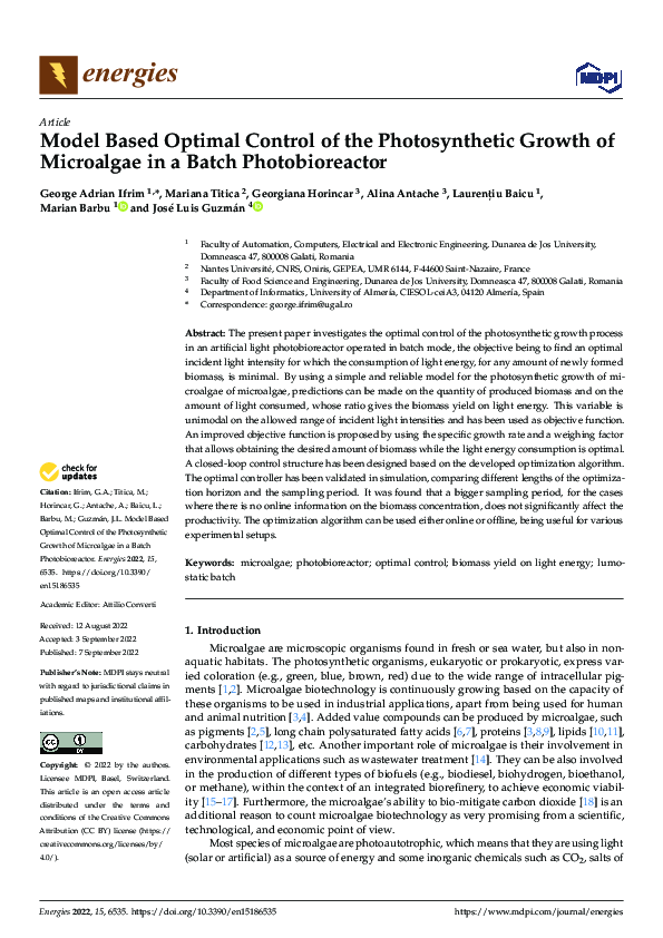(PDF) Model Based Optimal Control of the Photosynthetic Growth of Microalgae in a Batch ...