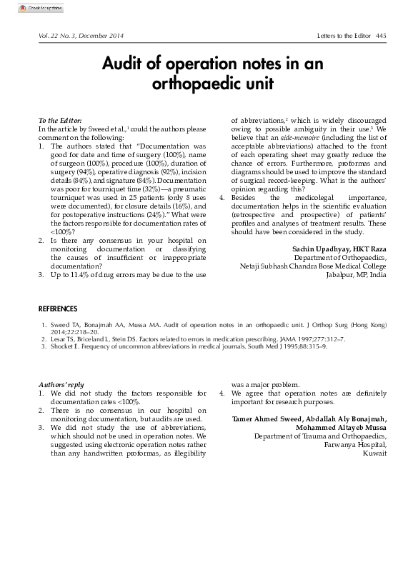 (PDF) Audit of operation notes in an orthopaedic unit