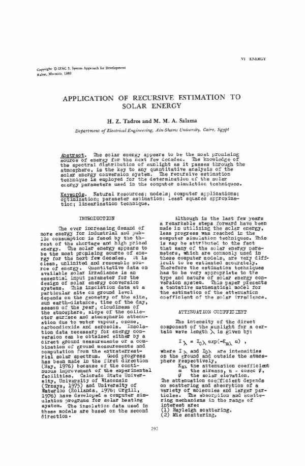 (PDF) Application of Recursive Estimation to Solar Energy