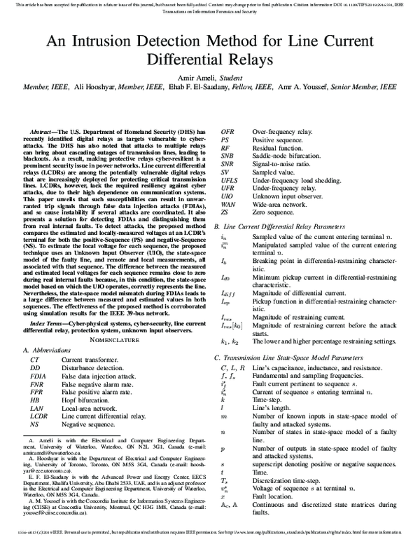 (PDF) An Intrusion Detection Method for Line Current Differential Relays