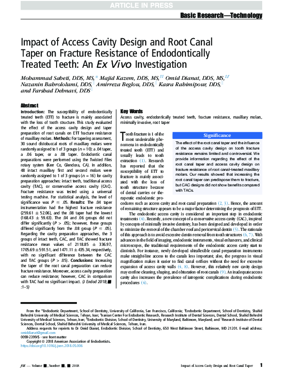 Pdf Impact Of Access Cavity Design And Root Canal Taper On Fracture Resistance Of