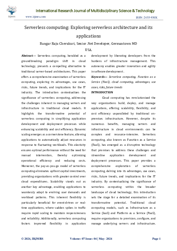 (PDF) Serverless computing: Exploring serverless architecture and its applications