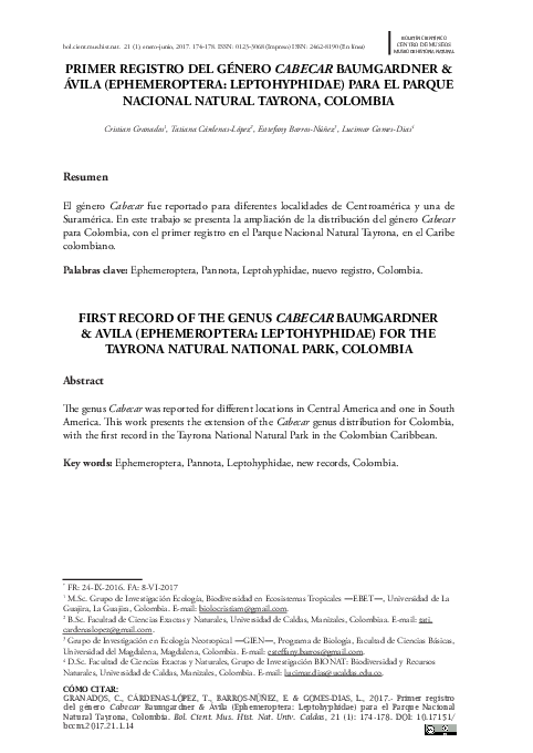 (PDF) Primer registro del género Cabecar Baumgardner & Ávila (EPHEMEROPTERA: LEPTOHYPHIDAE) para ...