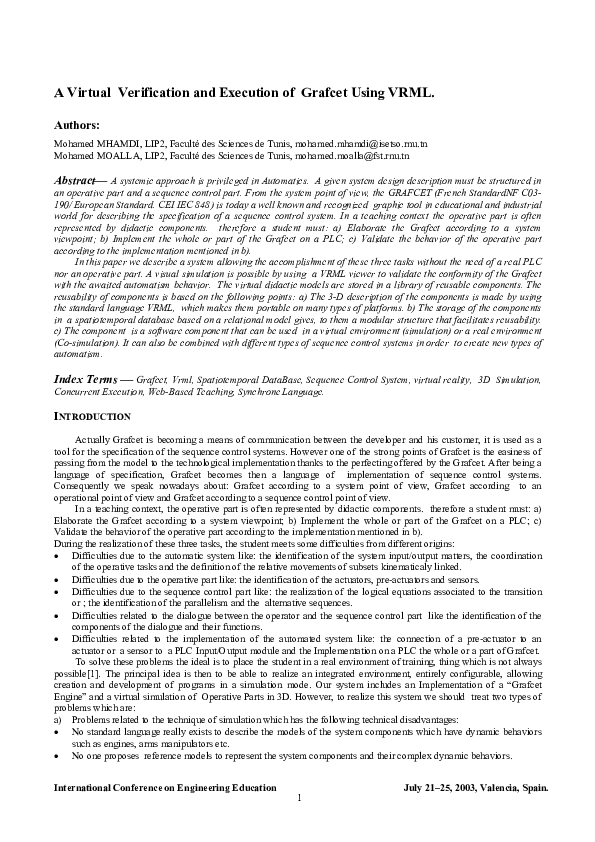 (PDF) A Virtual Verification and Execution of Grafcet Using VRML