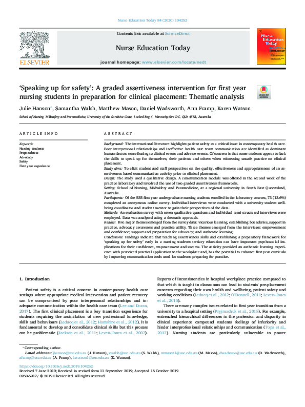 (PDF) ‘Speaking up for safety’: A graded assertiveness intervention for first year nursing ...