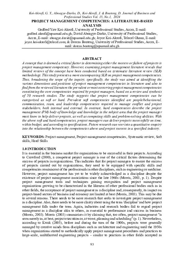 (PDF) PROJECT MANAGEMENT COMPETENCIES: A LITERATURE-BASED ANALYSIS