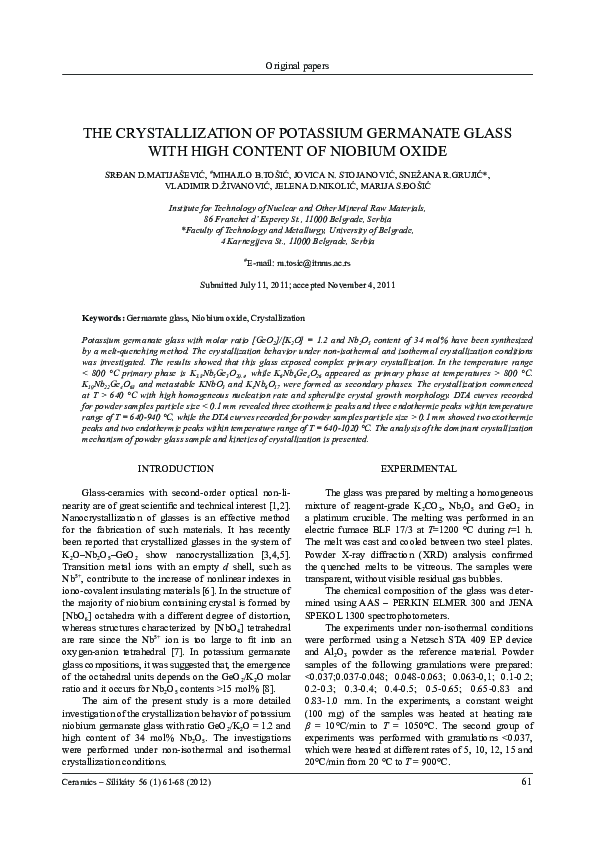 (PDF) The Crystallization of Potassium Germanate Glass with High ...