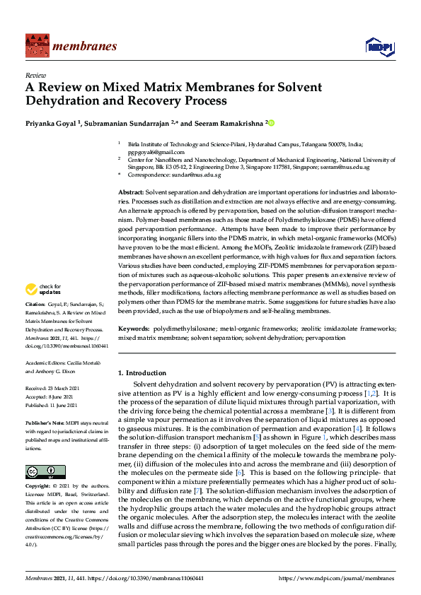 (PDF) A Review on Mixed Matrix Membranes for Solvent Dehydration and ...