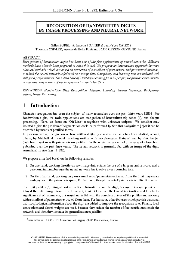 Pdf Recognition Of Handwritten Digits By Image Processing And Neural Network