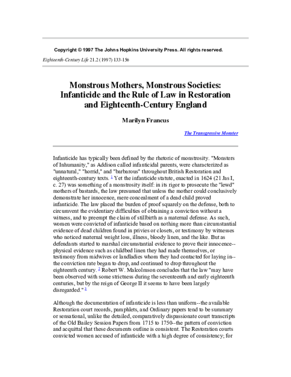 (PDF) Monstrous Mothers, Monstrous Societies: Infanticide and the Rule ...