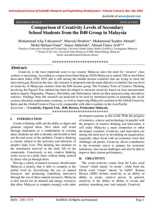 (PDF) Creativity Levels of B40 Secondary Students in Malaysia