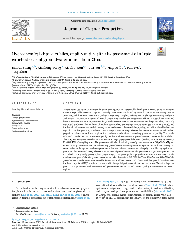Pdf Hydrochemical Characteristics Quality And Health Risk Assessment Of Nitrate Enriched