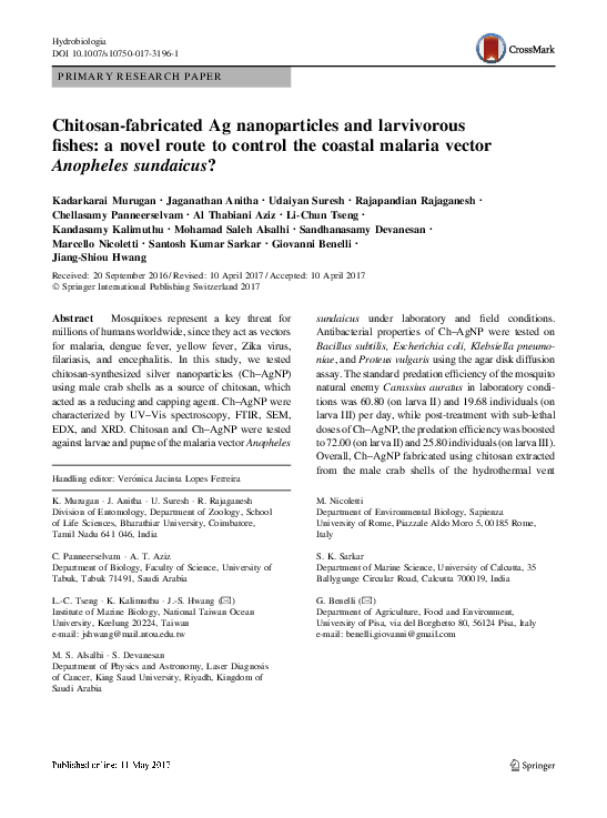 (PDF) Chitosan-fabricated Ag nanoparticles and larvivorous fishes: a ...