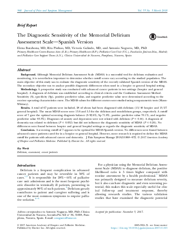 (PDF) The diagnostic sensitivity of the Memorial Delirium Assessment ...
