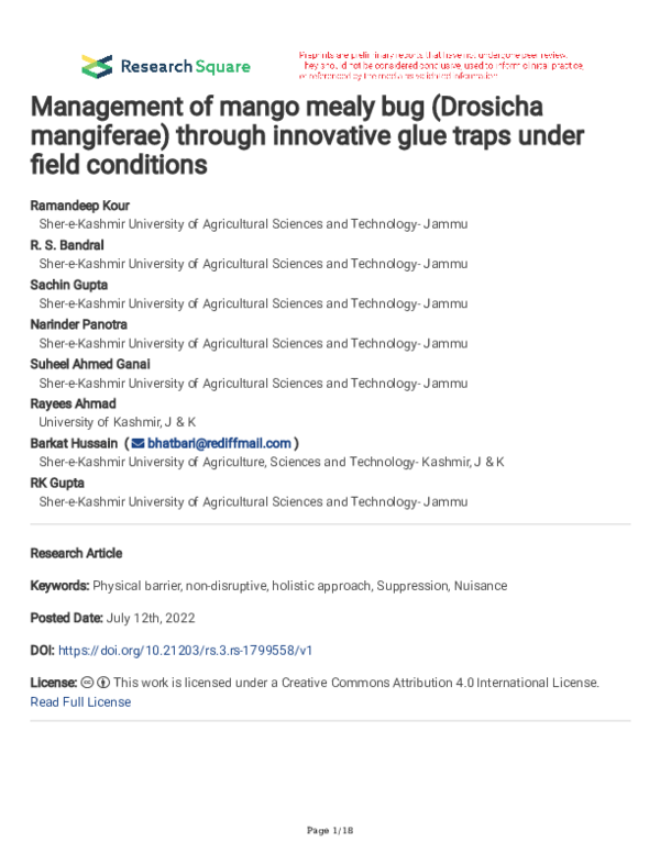 (PDF) Management of mango mealy bug (Drosicha mangiferae) through ...