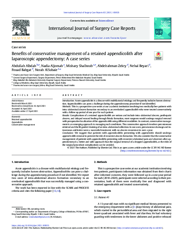 (PDF) Benefits of conservative management of a retained appendicolith ...