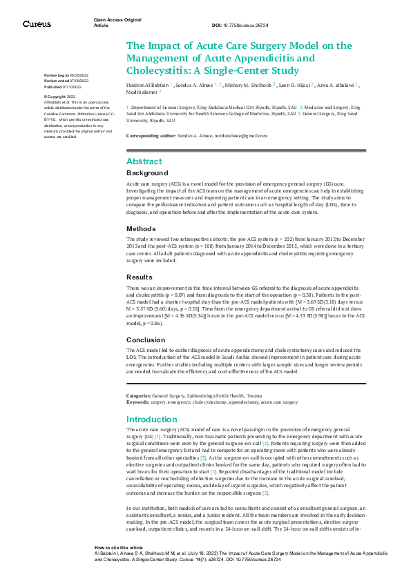 (PDF) The Impact of Acute Care Surgery Model on the Management of Acute ...