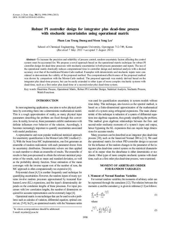 Pdf Robust Pi Controller Design For Integrator Plus Dead Time Process With Stochastic