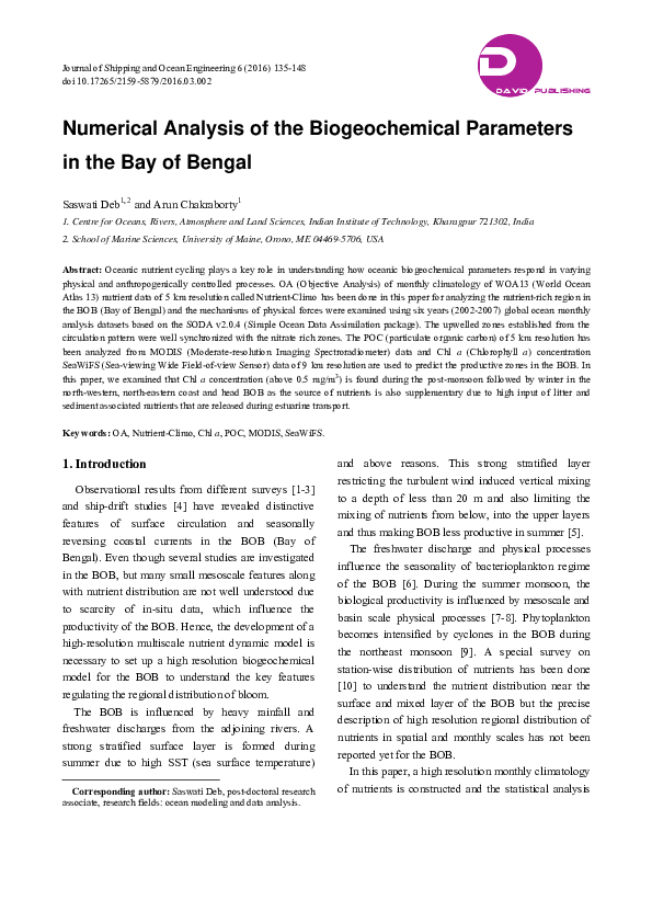 (PDF) Numerical Analysis of the Biogeochemical Parameters in the Bay of Bengal