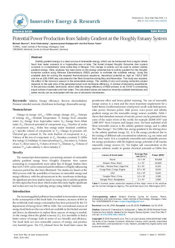 (PDF) Potential Power Production from Salinity Gradient at the Hooghly Estuary System