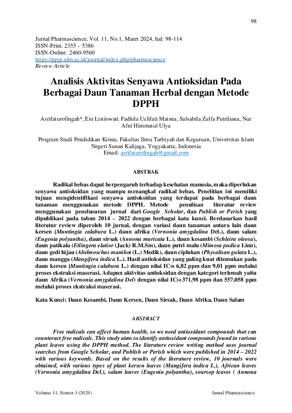 (PDF) Analisis Aktivitas Senyawa Antioksidan Pada Berbagai Daun Tanaman Herbal dengan Metode DPPH