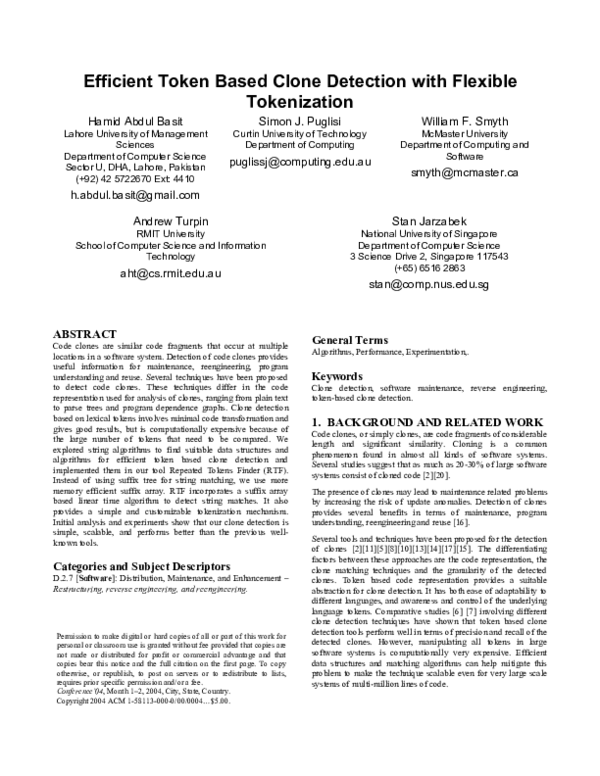 Pdf Efficient Token Based Clone Detection With Flexible Tokenization