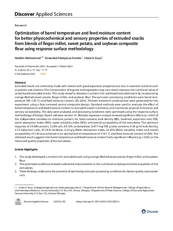 (PDF) Optimization of barrel temperature and feed moisture content for better physicochemical ...