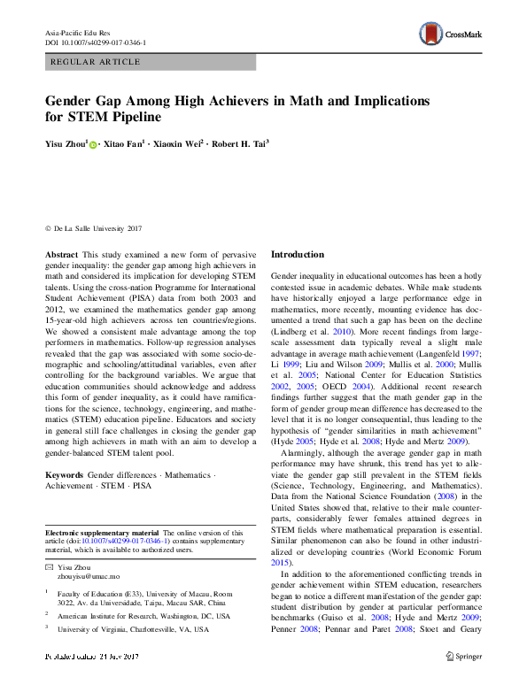 (PDF) Gender Gap Among High Achievers in Math and Implications for STEM ...