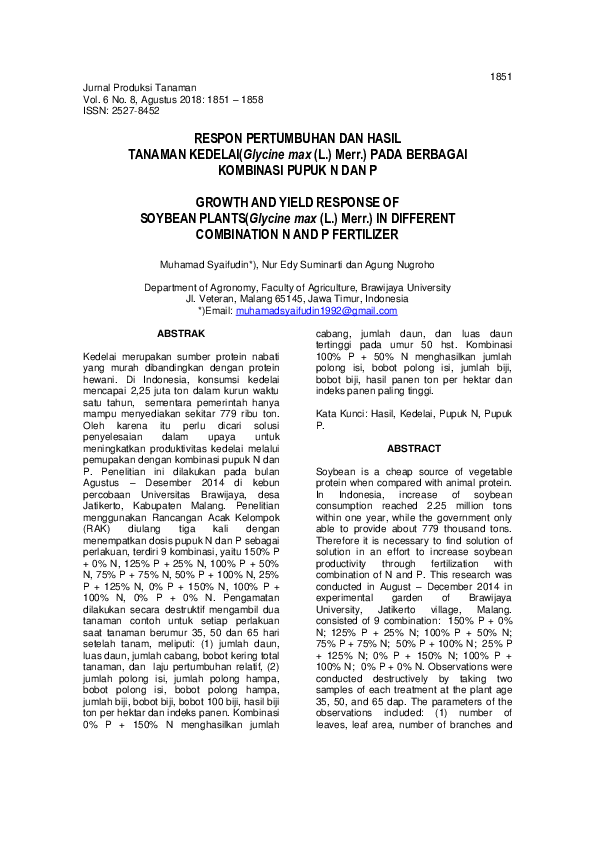 (PDF) RESPON PERTUMBUHAN DAN HASIL TANAMAN KEDELAI(Glycine max (L.) Merr.) PADA BERBAGAI ...