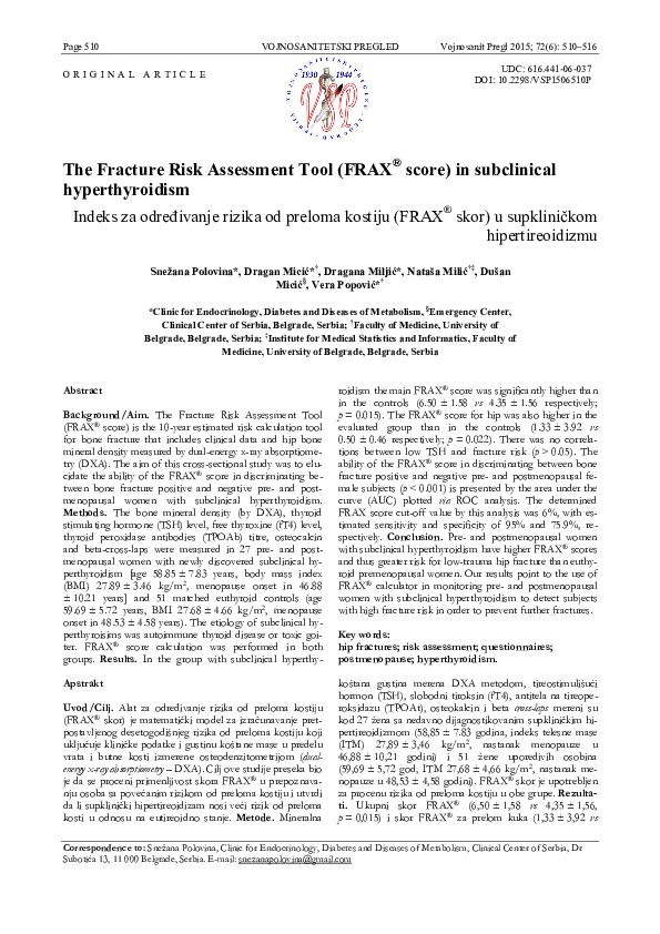 (PDF) The fracture risk assessment tool (FRAX® score) in subclinical ...