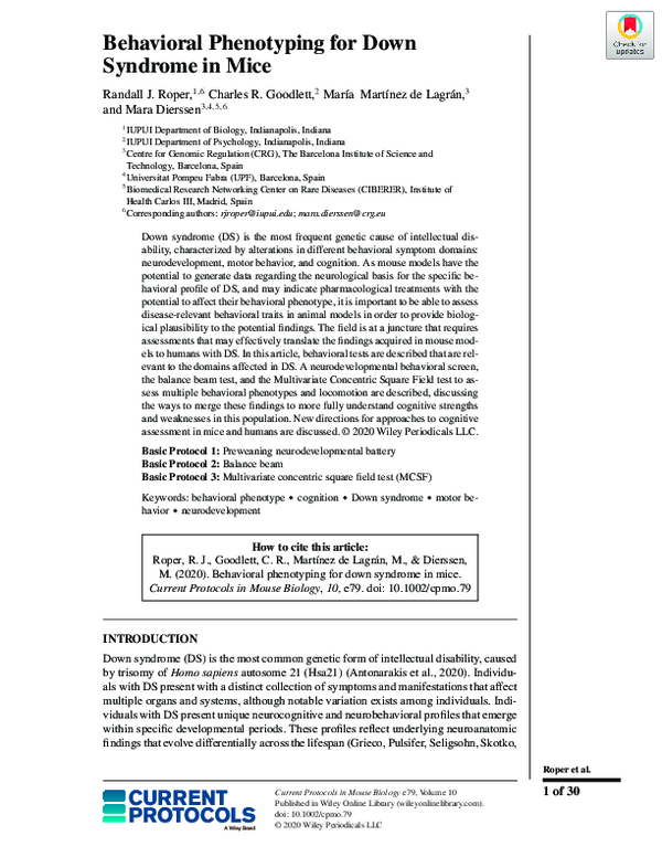 (PDF) Behavioral Phenotyping for Down Syndrome in Mice