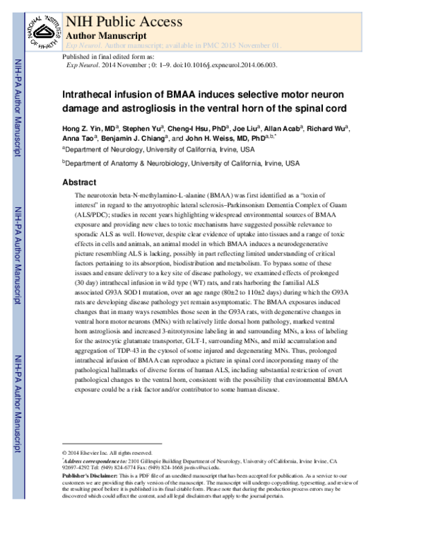 (PDF) Intrathecal infusion of BMAA induces selective motor neuron ...