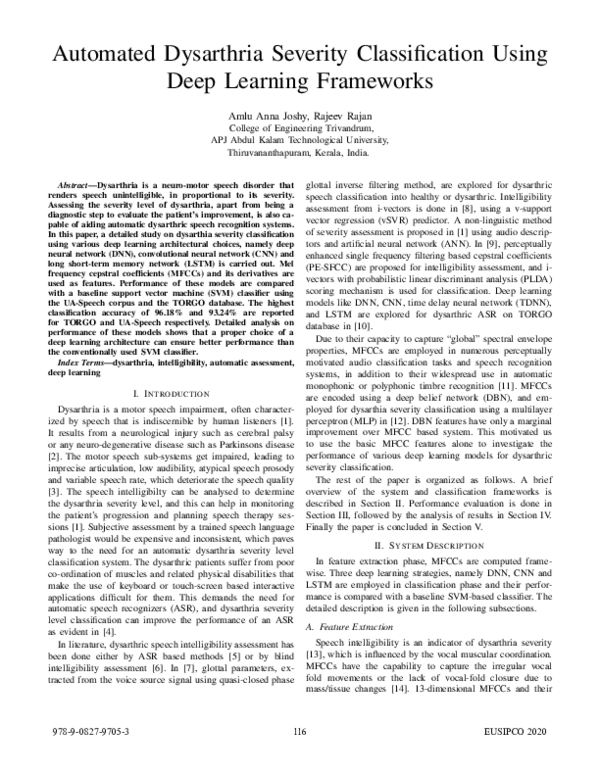 (PDF) Automated Dysarthria Severity Classification Using Deep Learning Frameworks