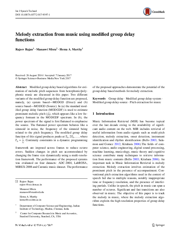 (PDF) Melody extraction from music using modified group delay functions