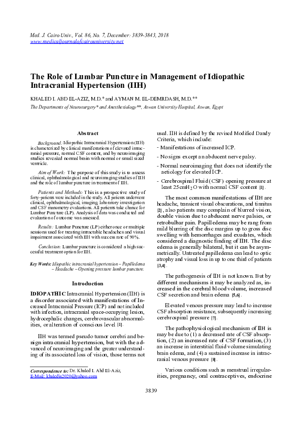 (PDF) The Role of Lumbar Puncture in Management of Idiopathic ...