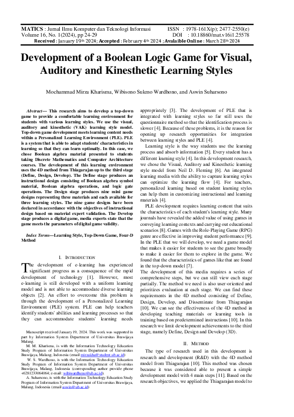 (PDF) Development of a Boolean Logic Game for Visual, Auditory and ...