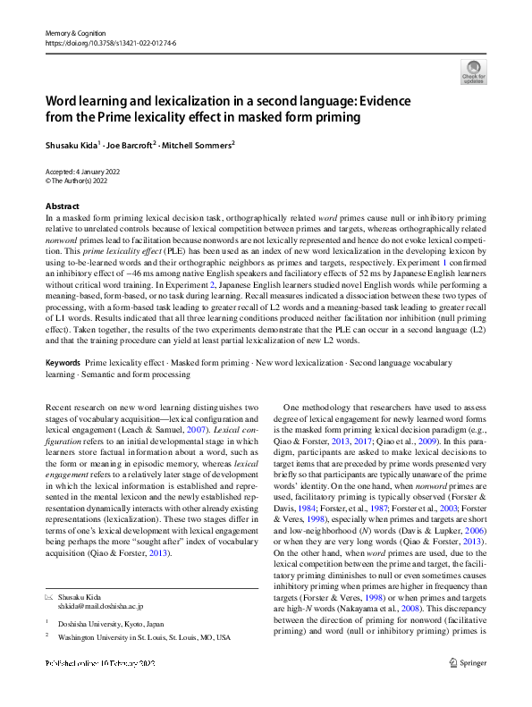 (PDF) Word learning and lexicalization in a second language: Evidence from the Prime lexicality ...