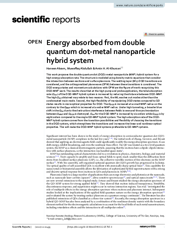 (PDF) Energy absorbed from double quantum dot-metal nanoparticle hybrid ...