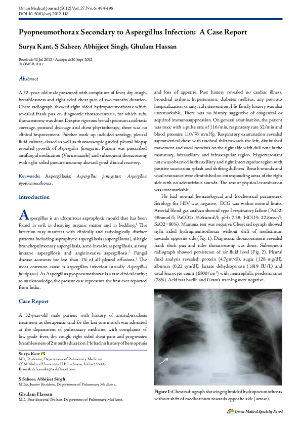 (PDF) Pyopneumothorax Secondary to Aspergillus Infection: A Case Report