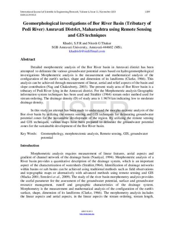 (PDF) Geomorphological investigations of Bor River Basin (Tributary of ...