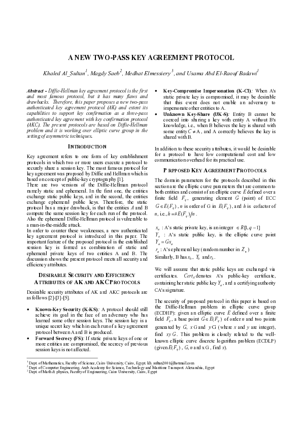 (PDF) A New Two-Pass Key Agreement Protocol