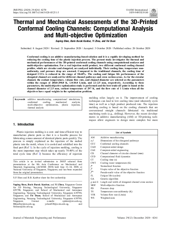 Thermal and Mechanical Assessments of the 3D-Printed Conformal Cooling ... Thermal and Mechanical Assessments of the 3D-Printed Conformal Cooling ...