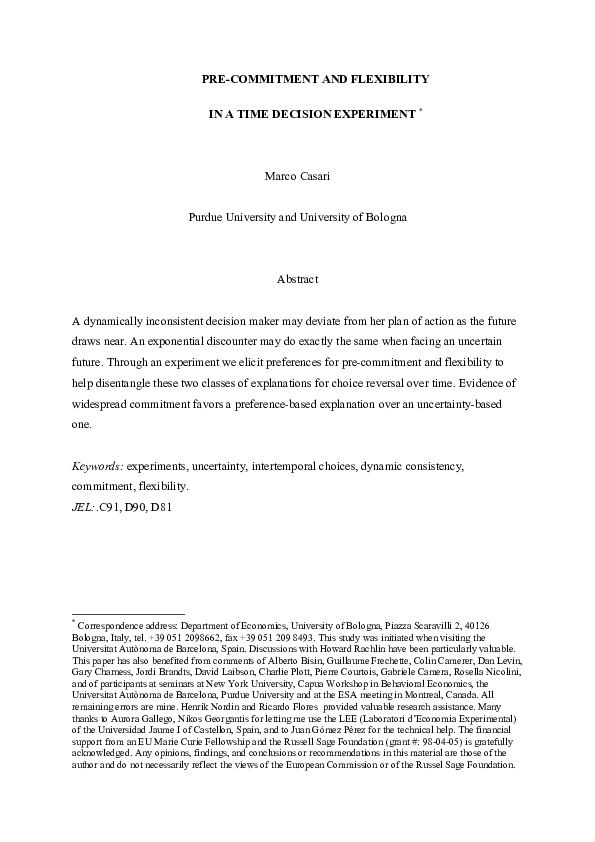 (PDF) Pre-commitment and flexibility in a time decision experiment