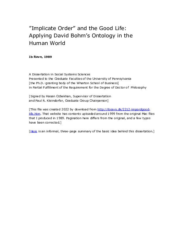 (PDF) "Implicate Order" and the Good Life: Applying David Bohm's ...