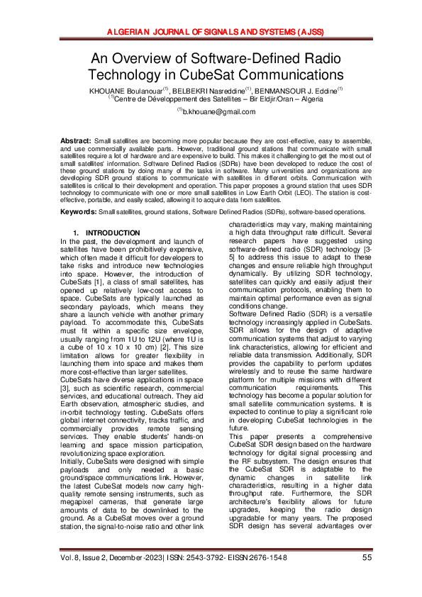 (PDF) An Overview of Software-Defined Radio Technology in CubeSat Communications