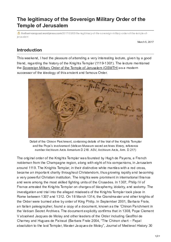 (PDF) The legitimacy of the Sovereign Military Order of the Temple of ...