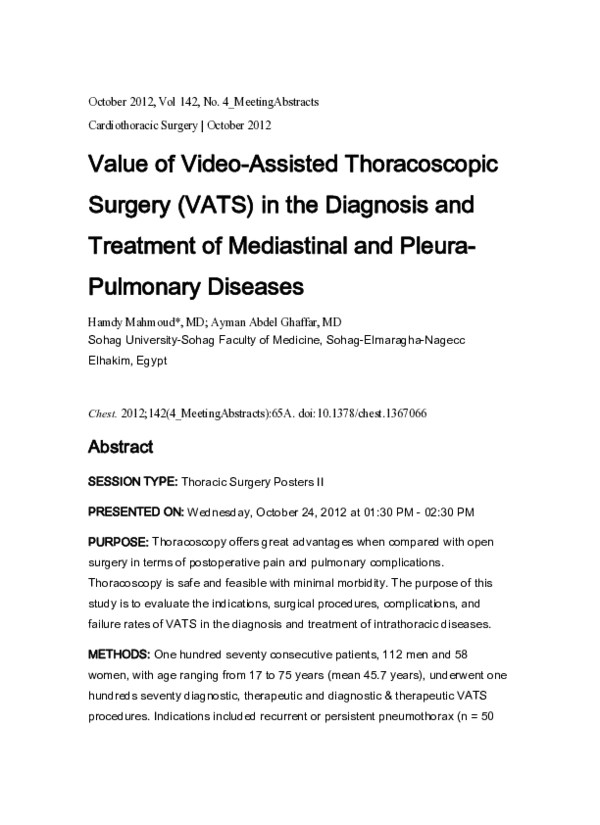 (PDF) Value of Video-Assisted Thoracoscopic Surgery (VATS) in the ...